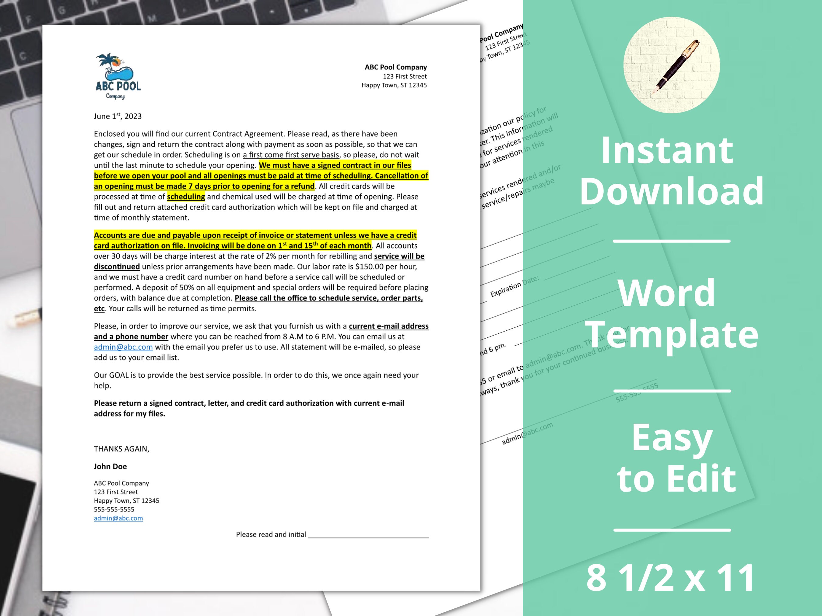 Pool Contract Packet ︱ Service Contract ︱ New Customer ︱credit Card ...