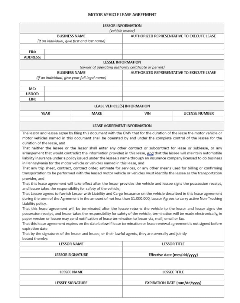 Trucking Lease Agreement︱motor Vehicle︱lessee Contract︱instant Download ...