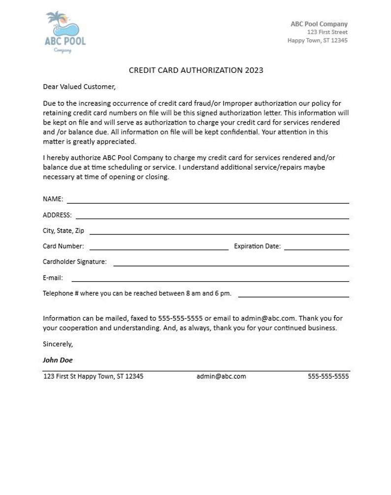 Pool Contract Packet ︱ Service Contract ︱ New Customer ︱credit Card ...