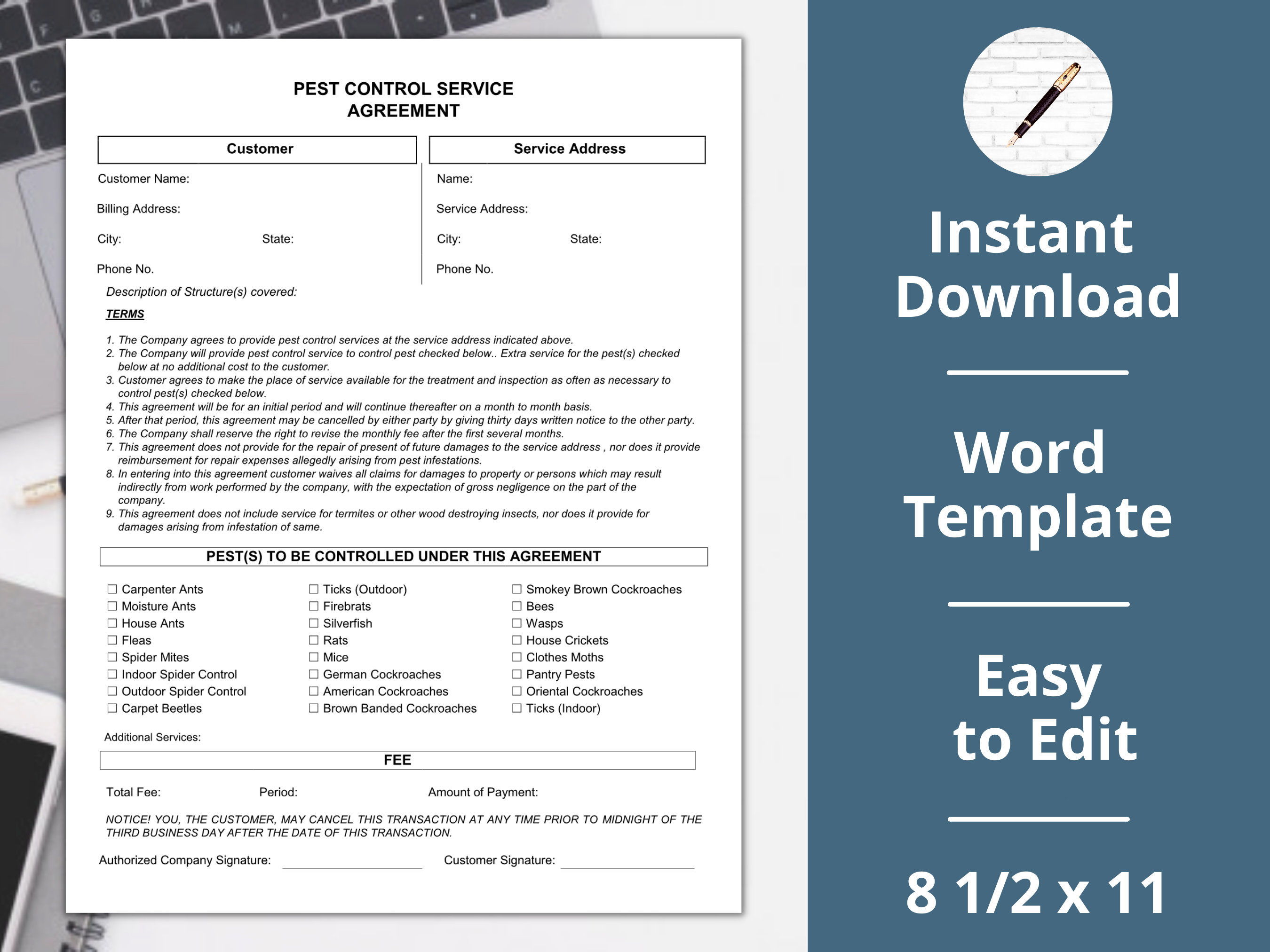 Pest Control Service Agreement ︱ Estimate ︱template ︱invoice ︱contract ...