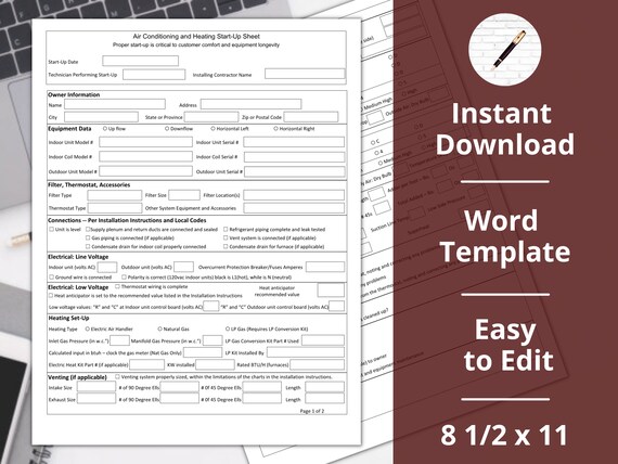 AC Start up Check List Sheet instant Download HVAC - Etsy Canada