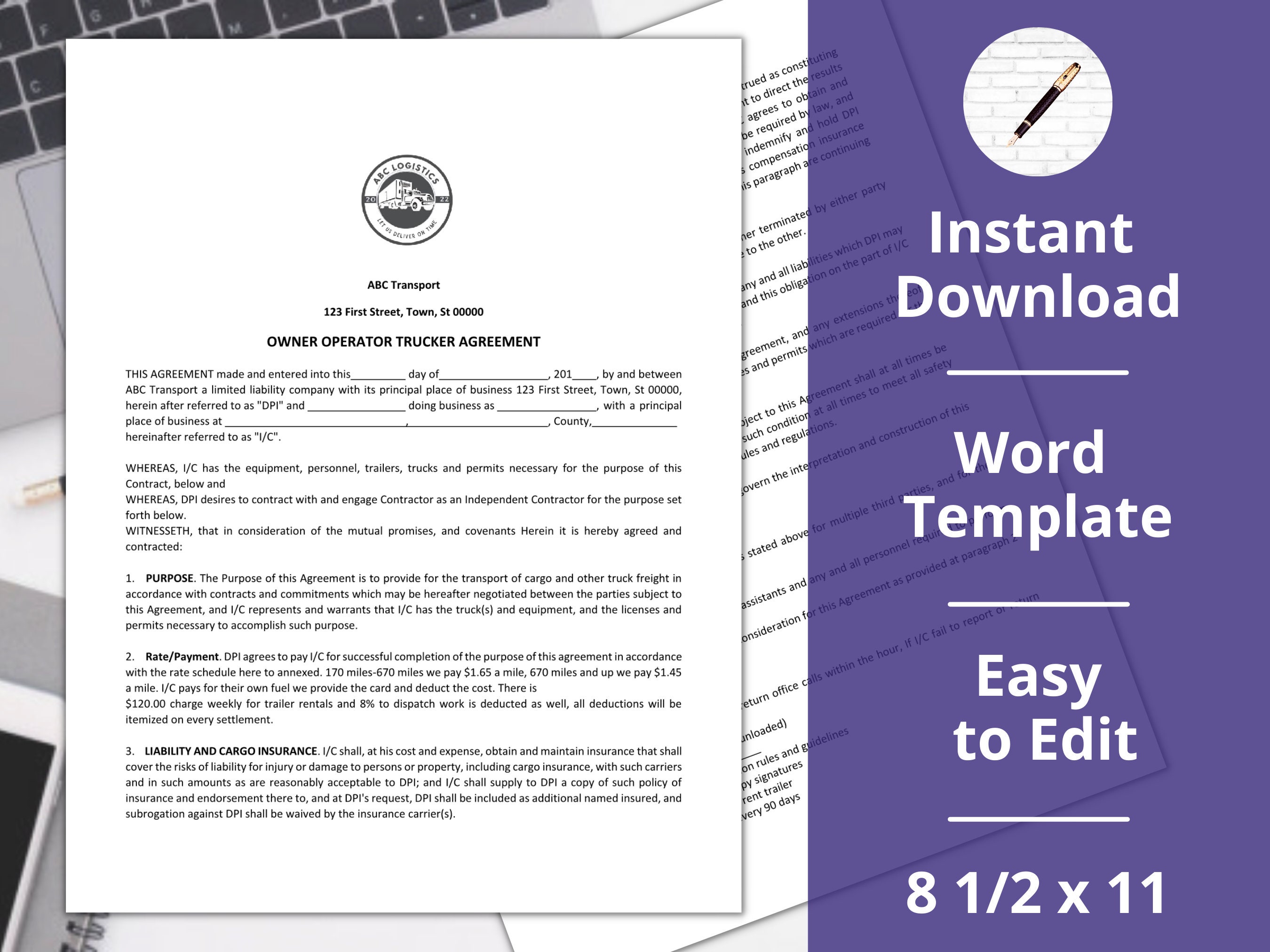 Owner-operator Trucker Agreement︱ Instant Download ︱microsoft Word ...