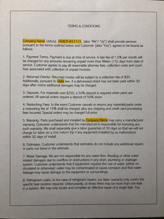 HVAC Terms Conditions Template Sample Word Estimate Etsy