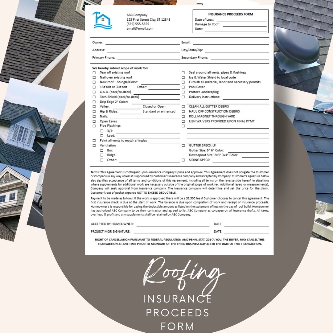 Roofing Insurance Form︱proceeds︱authorization︱roof Company︱scope ...