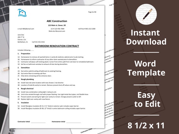 Bathroom Renovation contract Proposal estimate template | Etsy