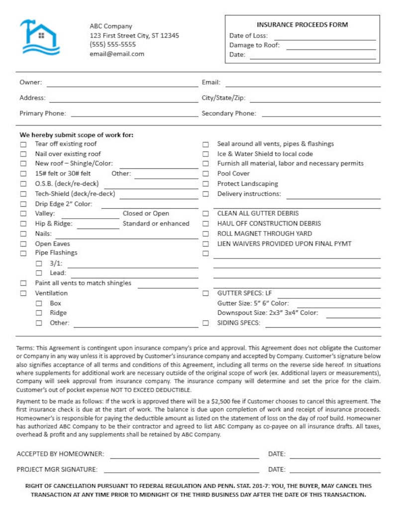 Roofing Insurance Form︱proceeds︱authorization︱roof Company︱scope ...