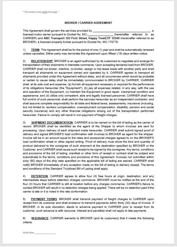 New Carrier Setup Packet Broker Template carrier Agreement Trucking ...