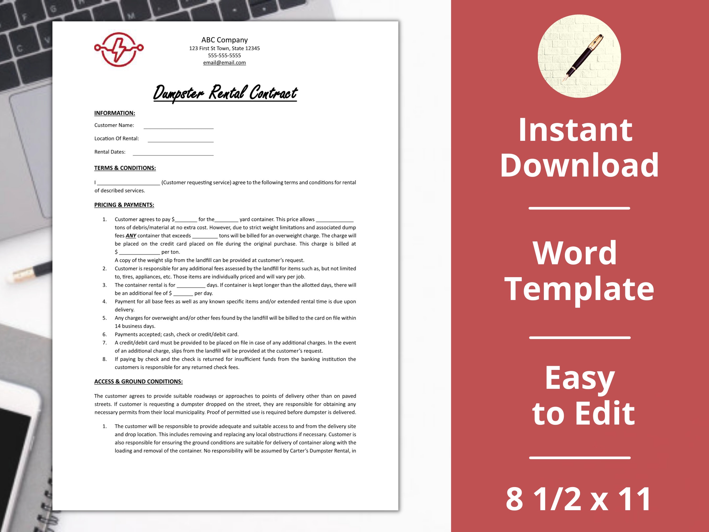 Dumpster Rental Contract︱ Instant Download ︱ Trash Container ︱ Service ...