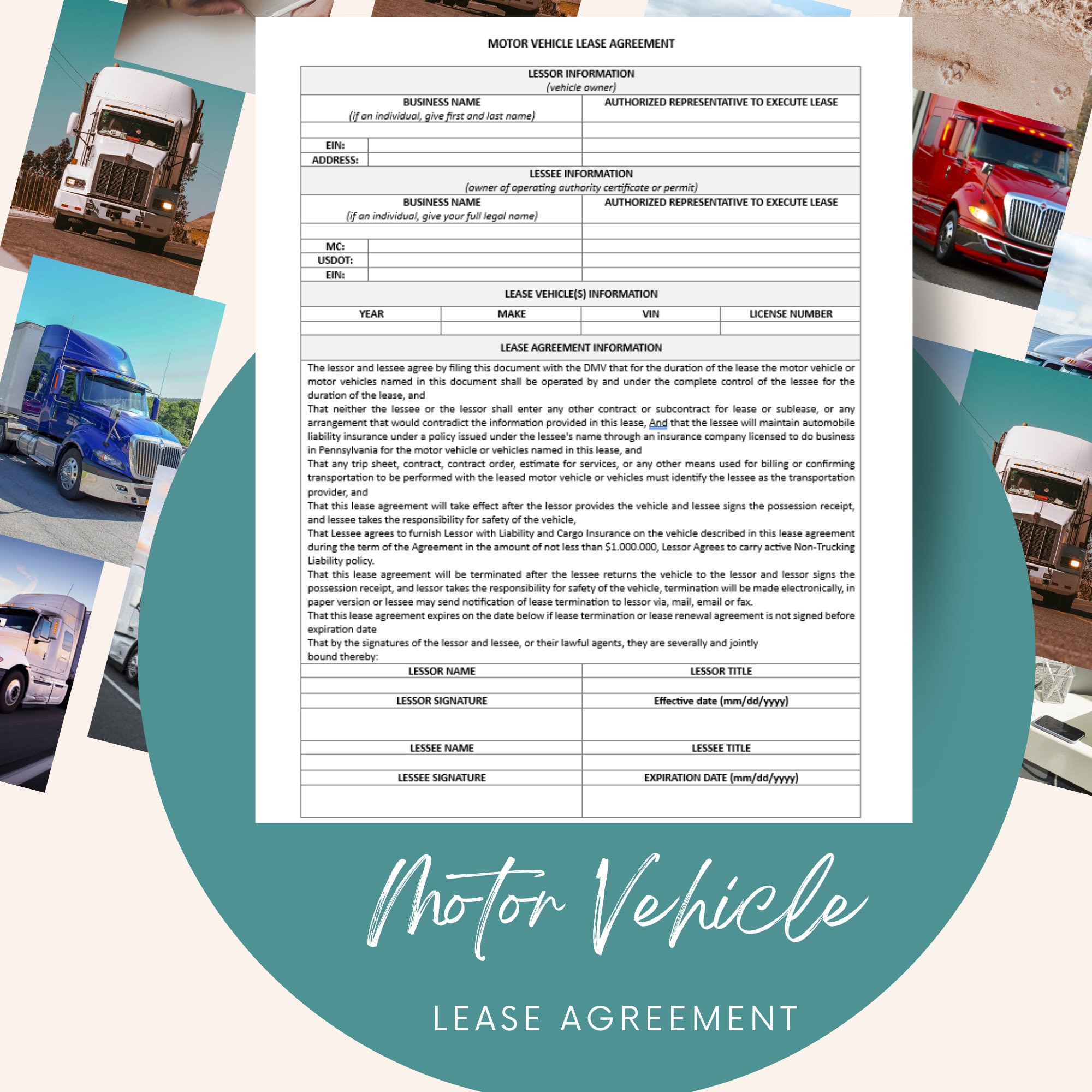Trucking Lease Agreement︱motor Vehicle︱lessee Contract︱instant Download ...