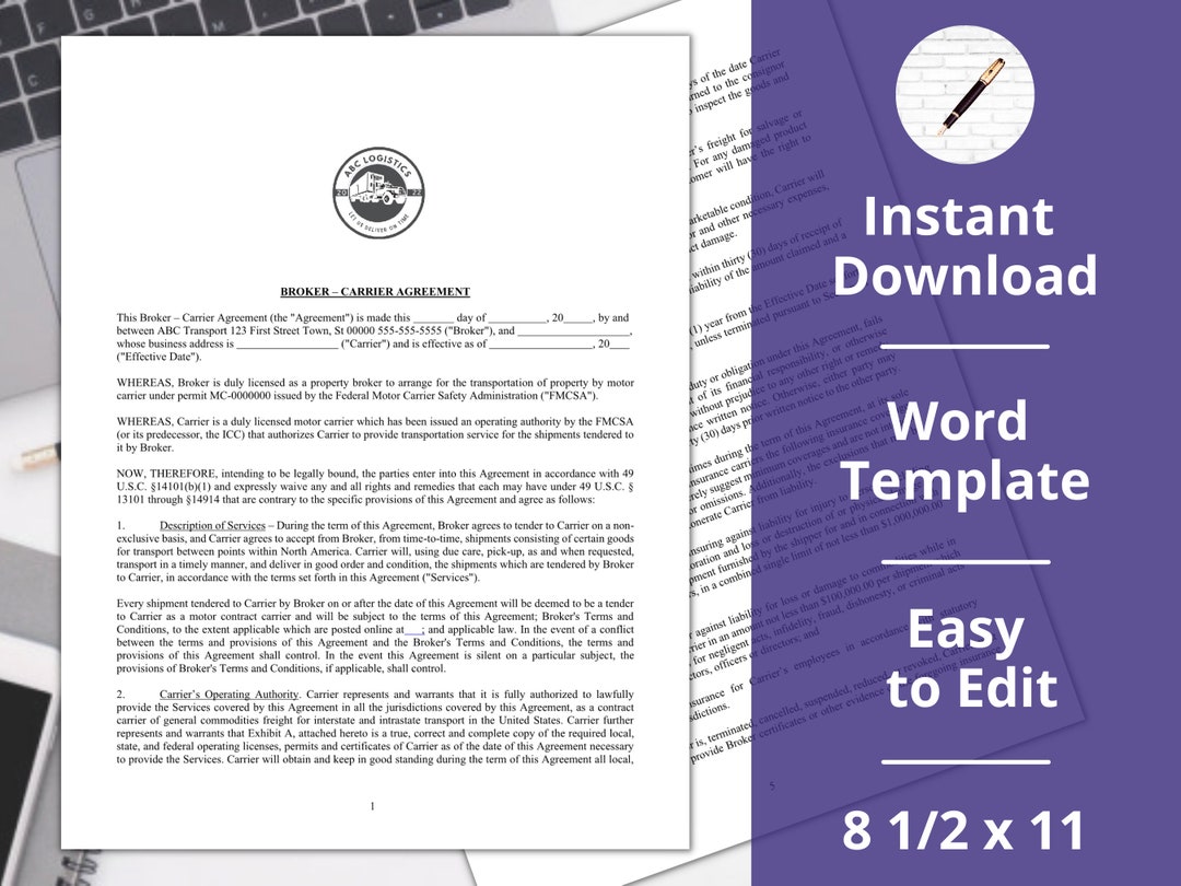 Broker-carrier Agreement ︱contract ︱instant Download ︱template ...