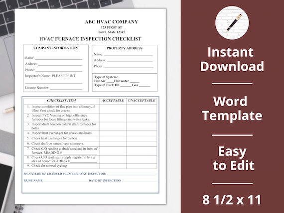 HVAC Furnace Inspection checklist maintenance Inspection - Etsy