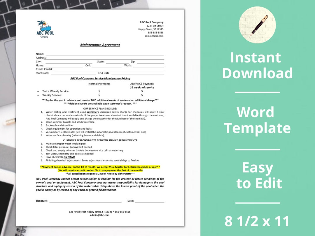 Pool Maintenance Contract ︱ Service Contract ︱ Agreement ︱instant ...