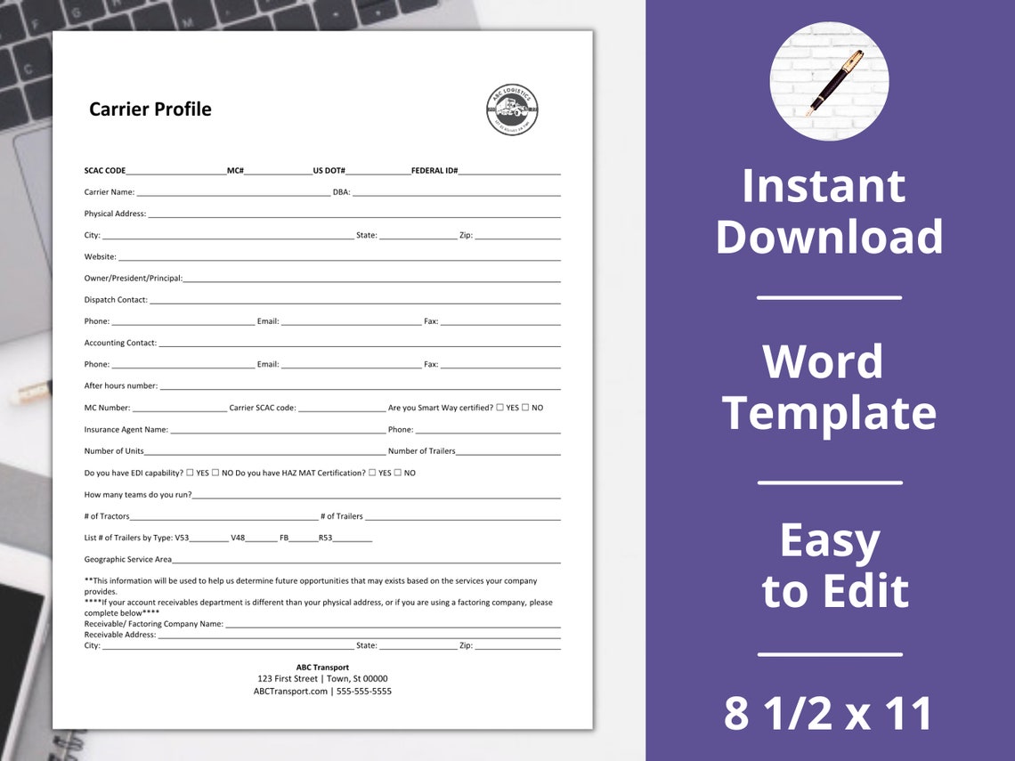 Carrier Profile Form Template ︱ Instant Download ︱microsoft Word - Etsy