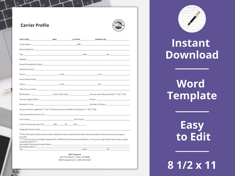 Carrier Profile Form Template ︱ Instant Download ︱microsoft Word - Etsy