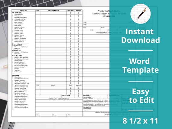 HVAC Heating & Cooling Mechanical invoice Template - Etsy