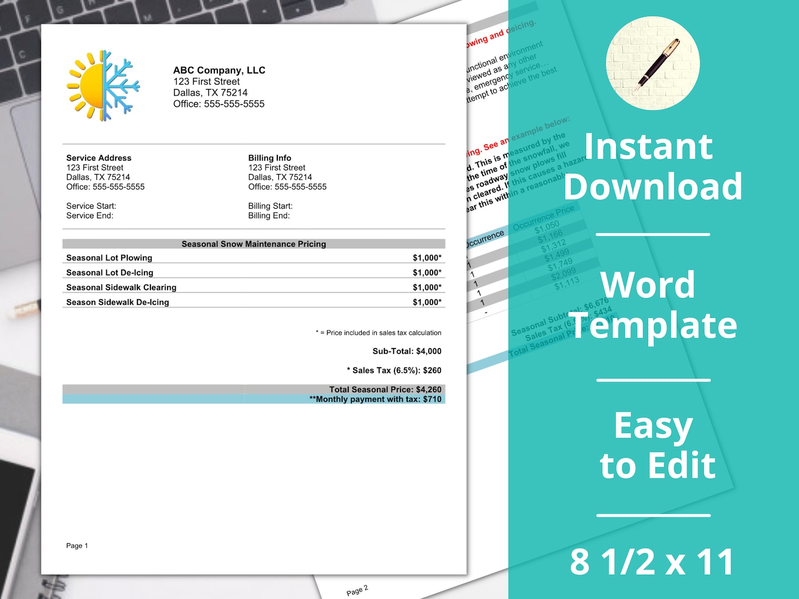 Snow Removal ︱ Snow Plowing Agreement ︱ Template ︱seasonal Snow ...