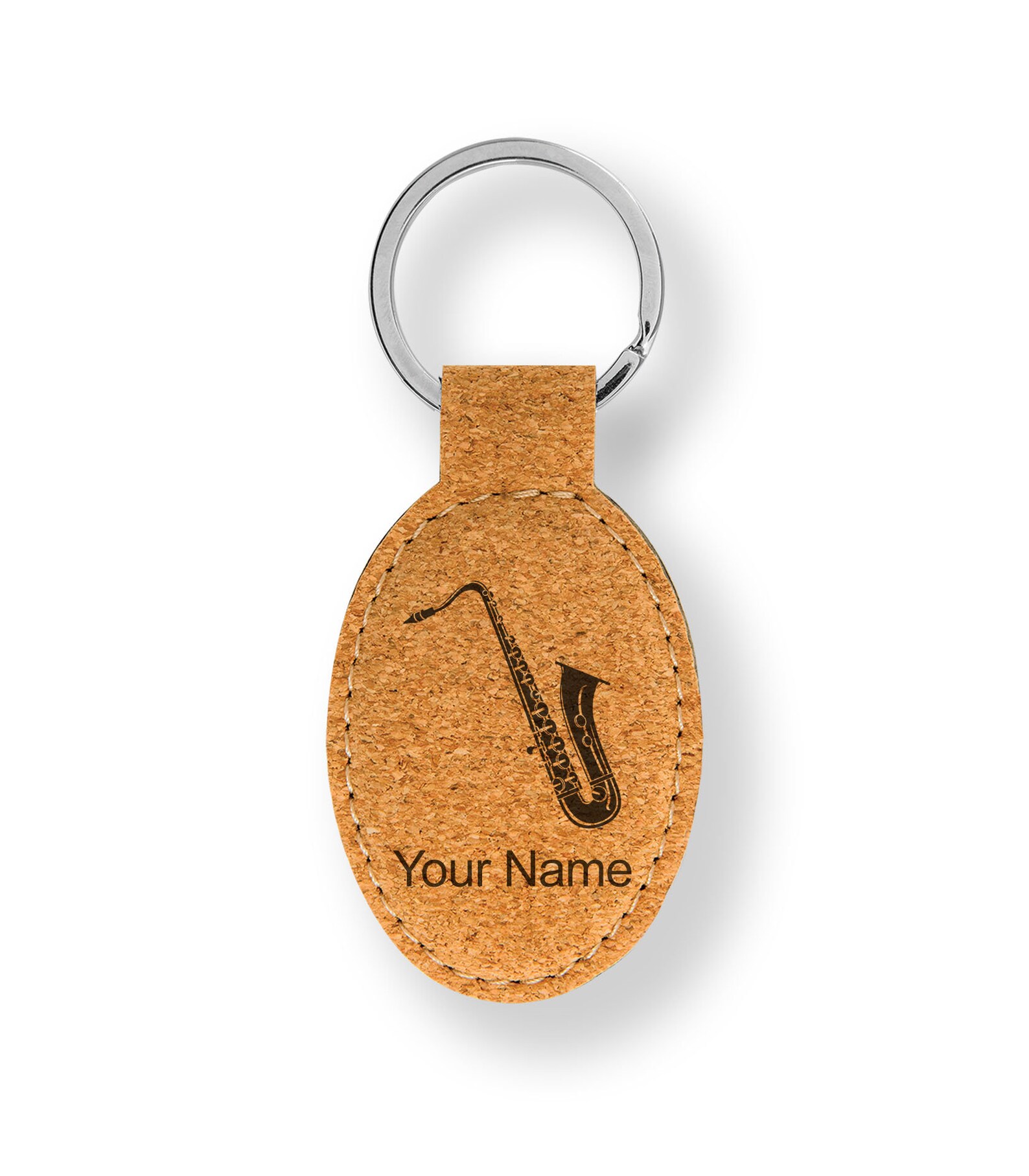 Faux Leather Oval Keychain, saxophone, Personalized Engraving Included ...