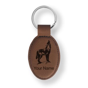 Faux Leather Oval Keychain, howling Wolf, Personalized Engraving ...