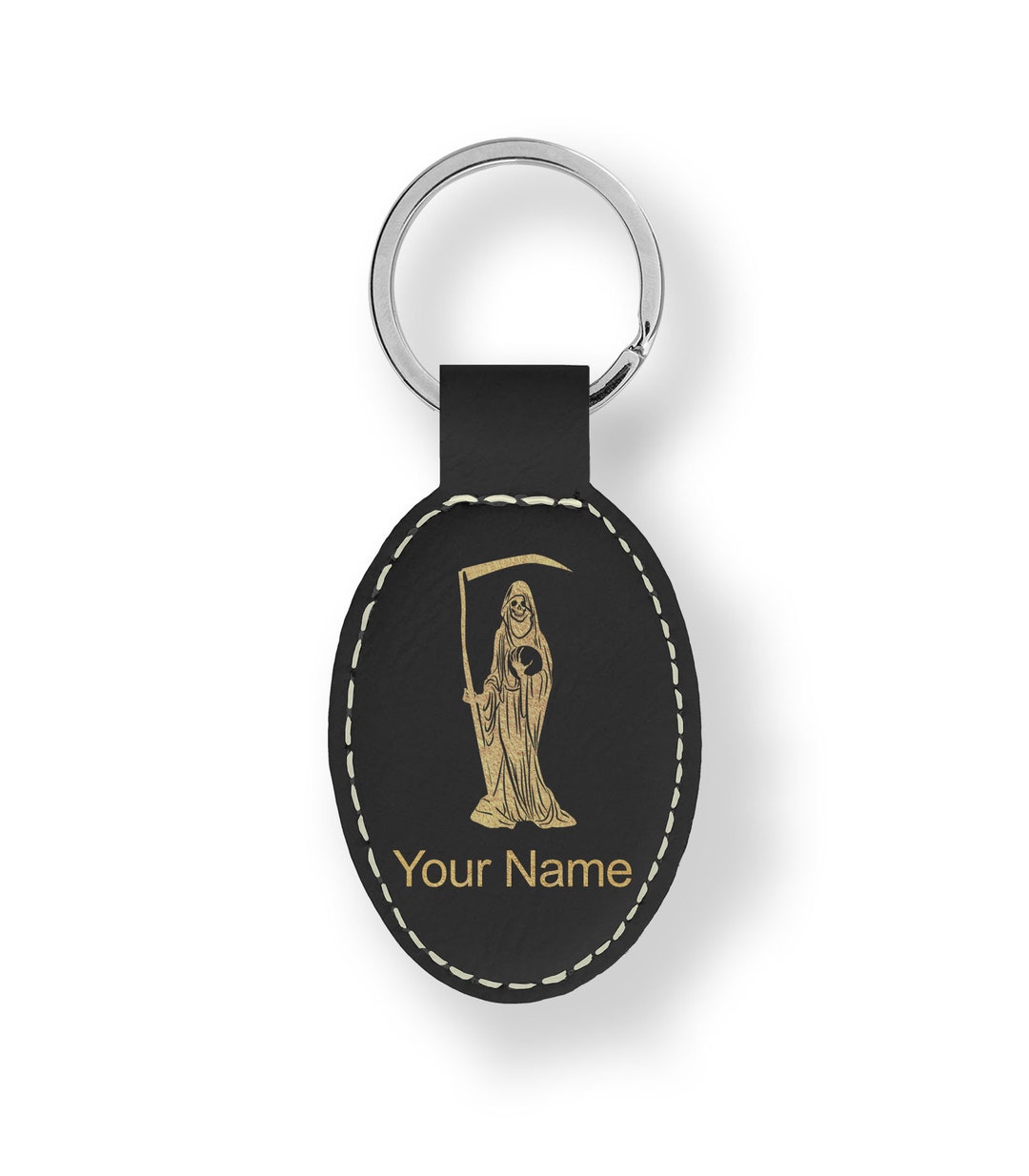 Faux Leather Oval Keychain, santa Muerte, Personalized Engraving ...