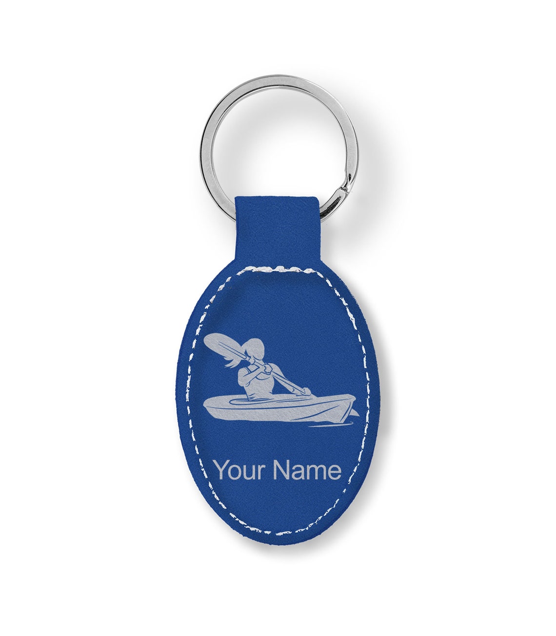 Faux Leather Oval Keychain, kayak Woman, Personalized Engraving ...
