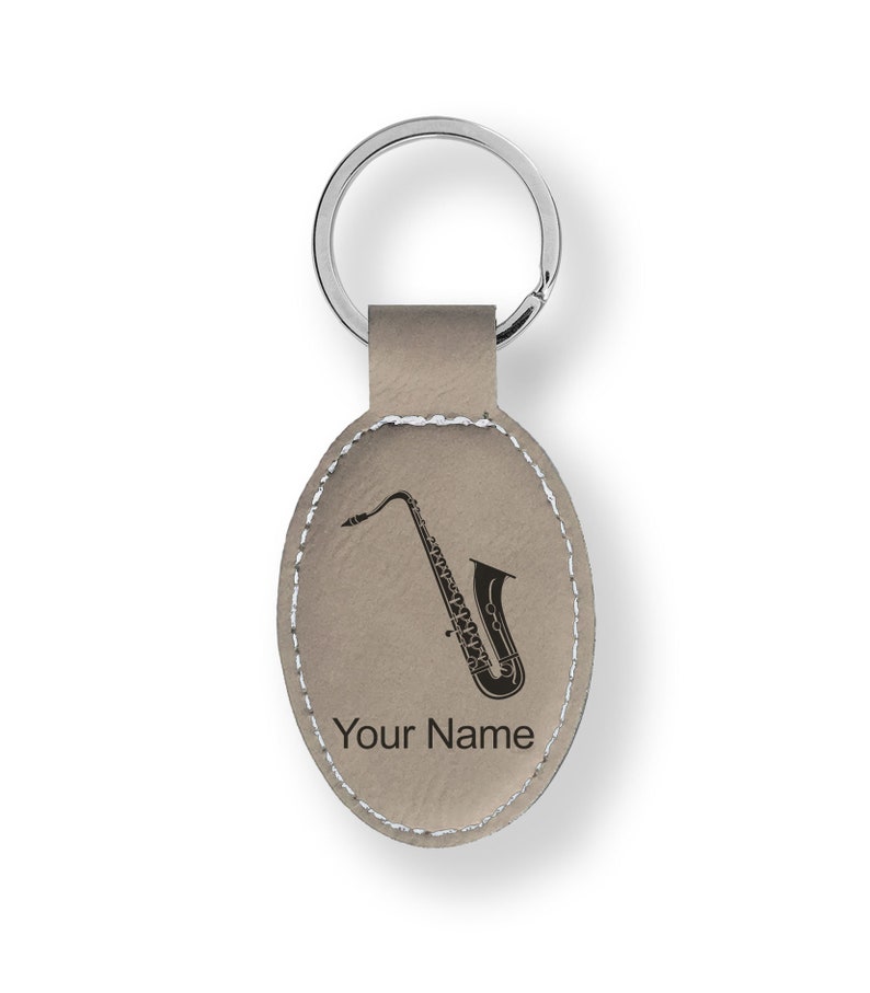 Faux Leather Oval Keychain, saxophone, Personalized Engraving Included ...
