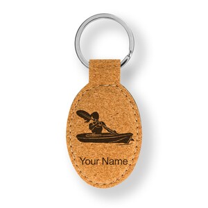 Faux Leather Oval Keychain, kayak Woman, Personalized Engraving ...