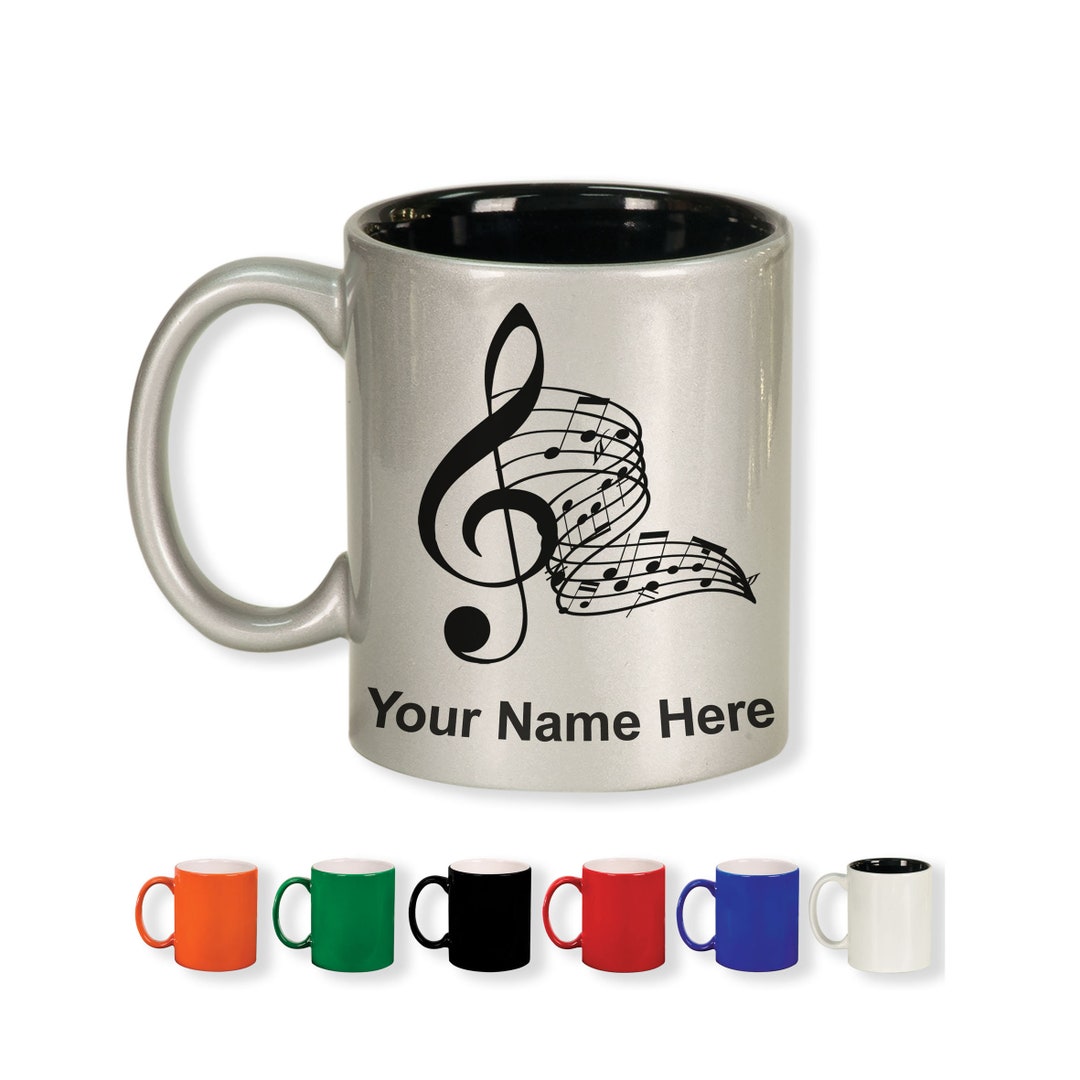 11oz Round Ceramic Coffee Mug, Musical Notes, Personalized Engraving ...