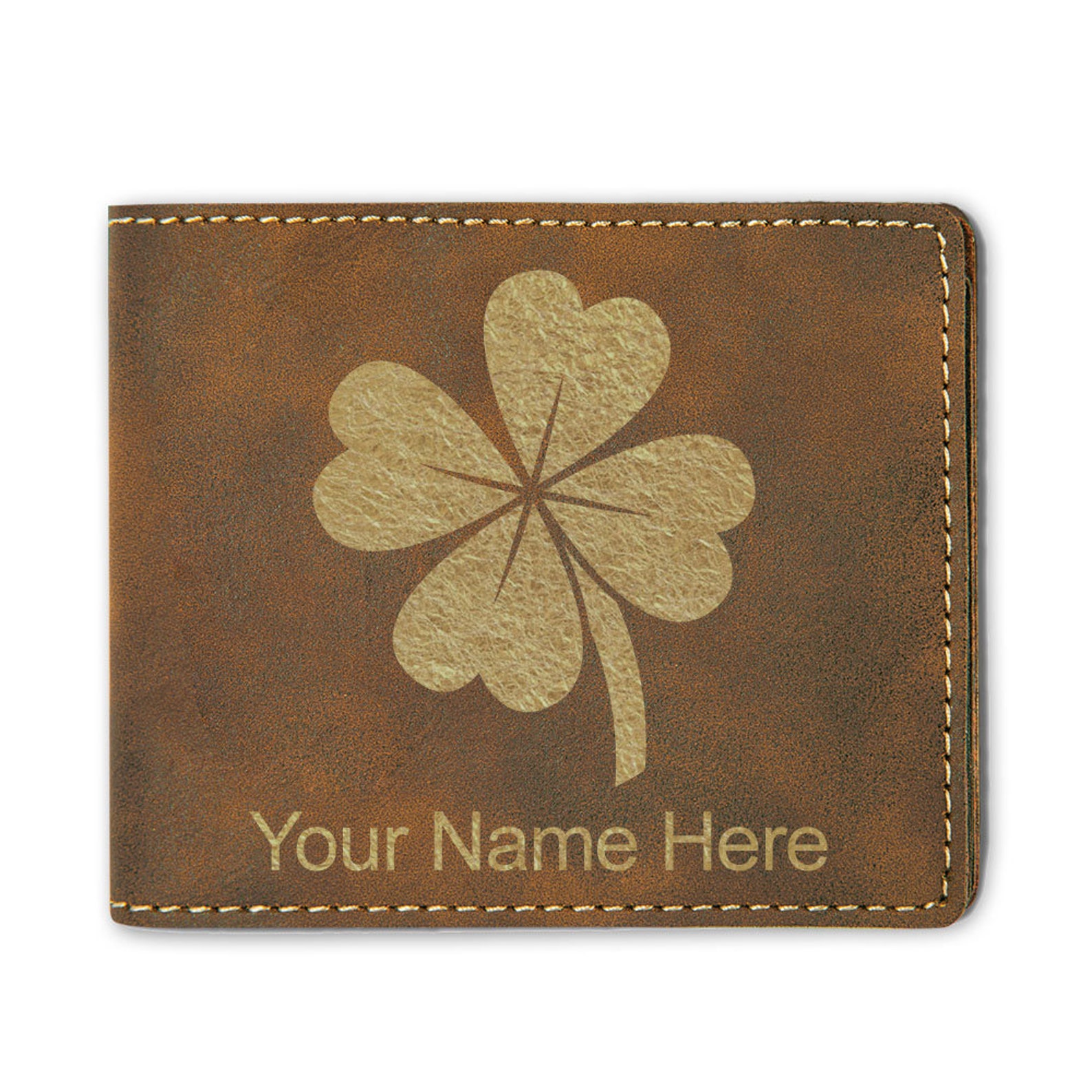 Faux Leather Bi-fold Wallet, four Leaf Clover, Personalized Engraving ...