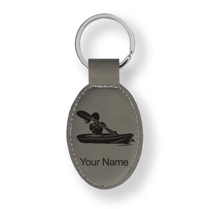 Faux Leather Oval Keychain, kayak Woman, Personalized Engraving ...