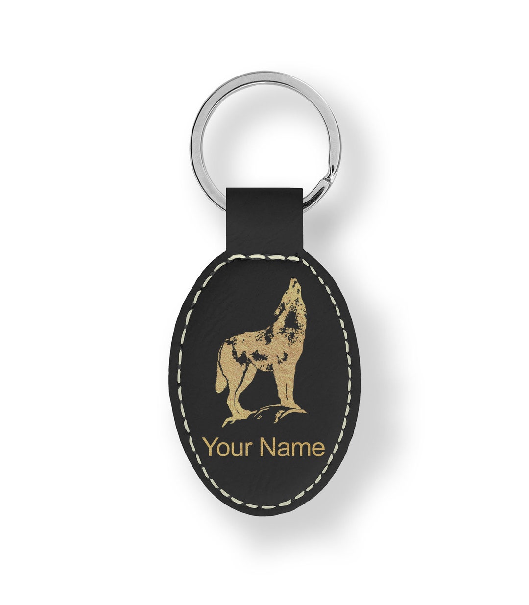 Faux Leather Oval Keychain, howling Wolf, Personalized Engraving ...