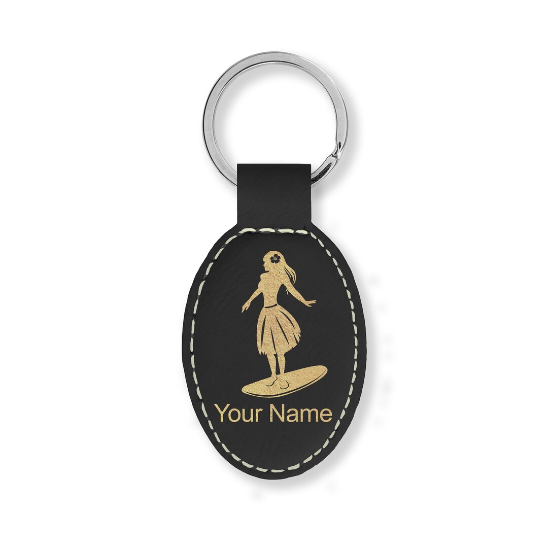 Faux Leather Oval Keychain, Hawaiian Surfer Girl, Personalized ...