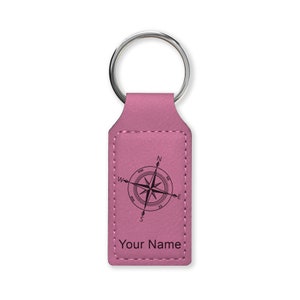 Faux Leather Rectangle Keychain, Compass Rose, Personalized Engraving ...