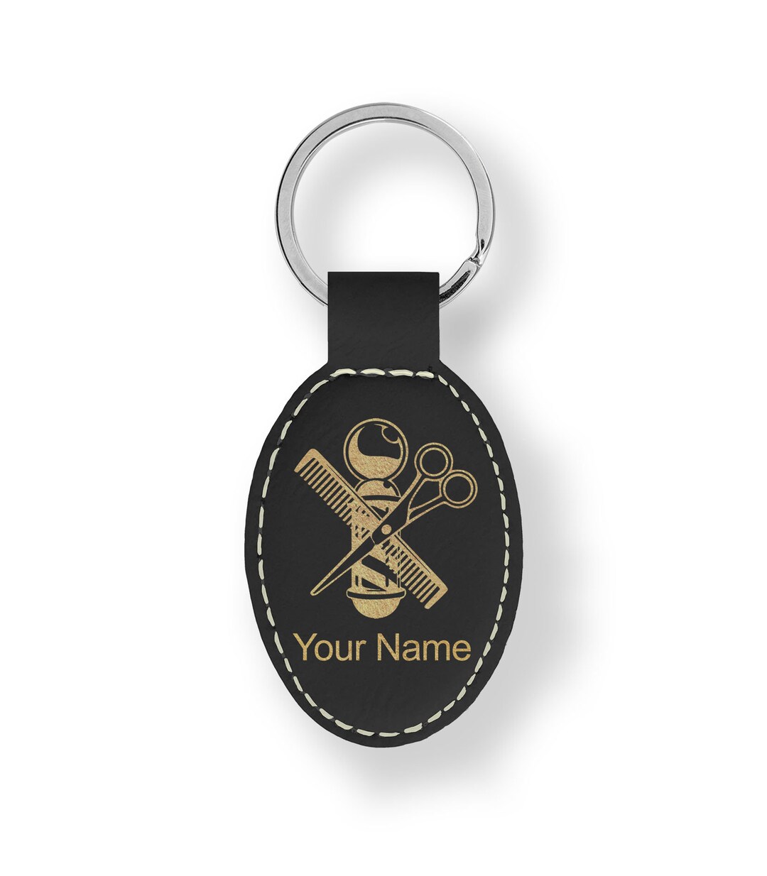 Faux Leather Oval Keychain, barber Shop Pole, Personalized Engraving ...