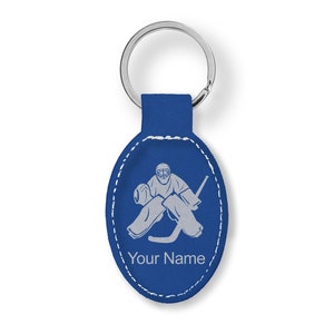 Faux Leather Oval Keychain, hockey Goalie, Personalized Engraving ...