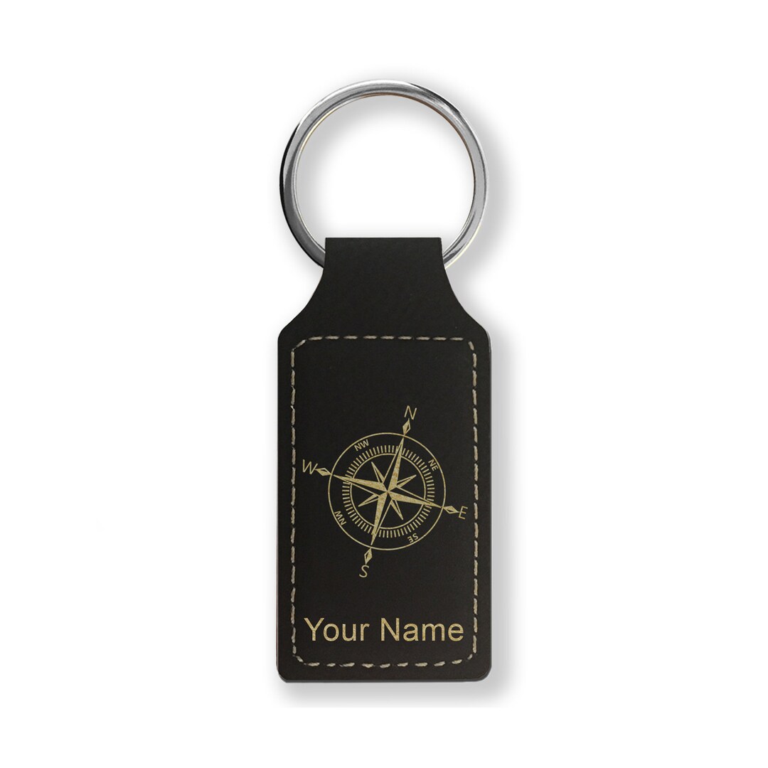 Faux Leather Rectangle Keychain, Compass Rose, Personalized Engraving ...