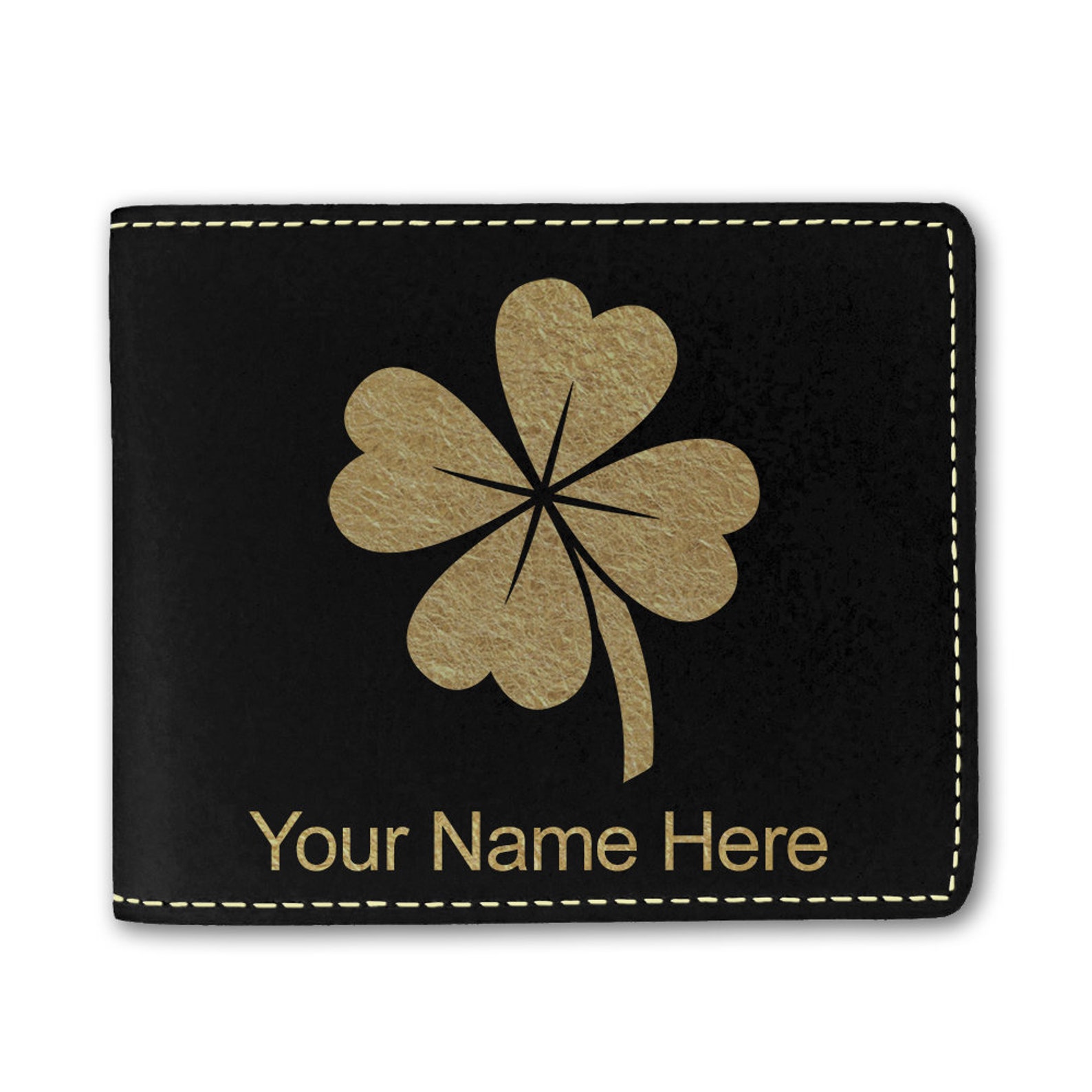 Faux Leather Bi-fold Wallet, four Leaf Clover, Personalized Engraving ...