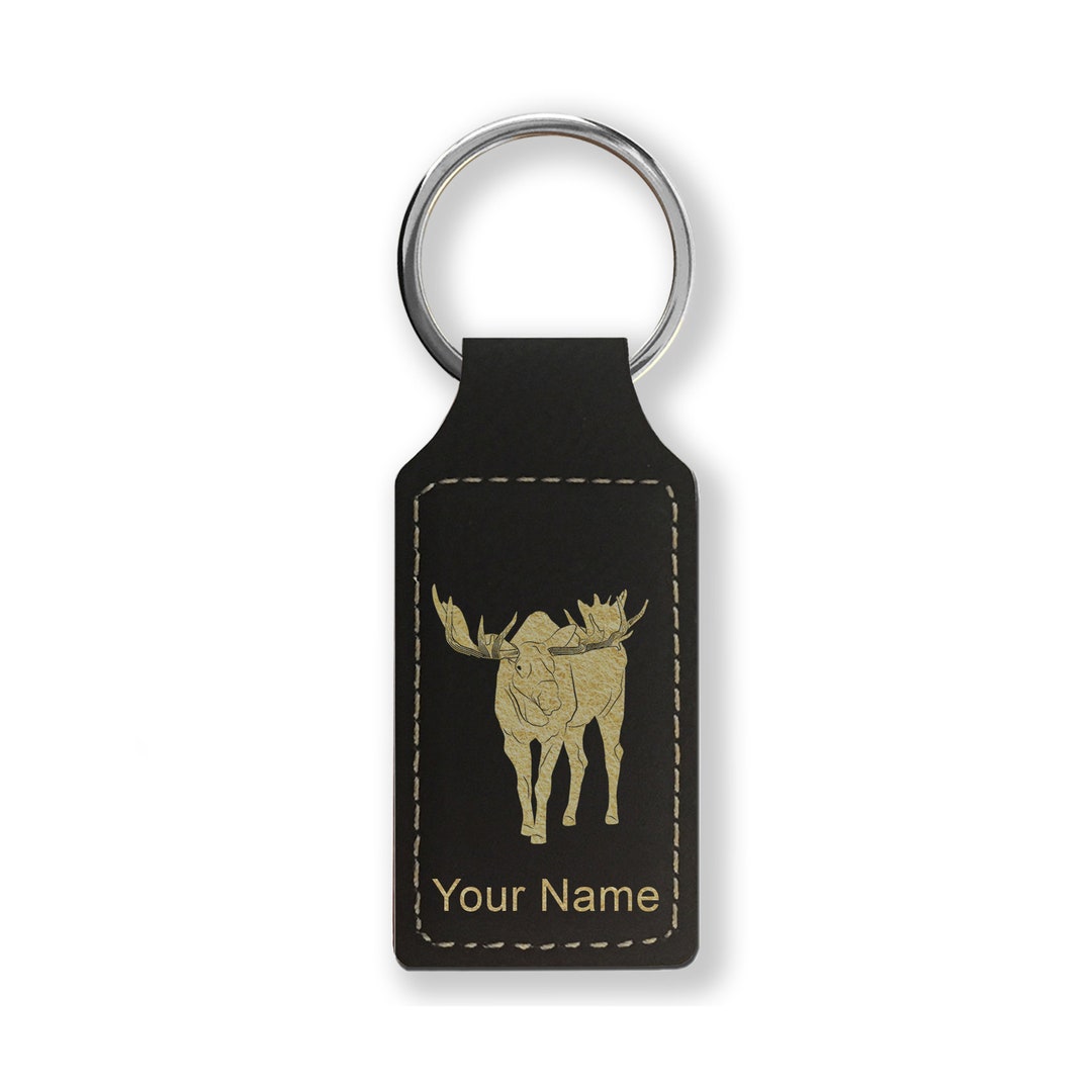 Faux Leather Rectangle Keychain, Moose, Personalized Engraving Included ...