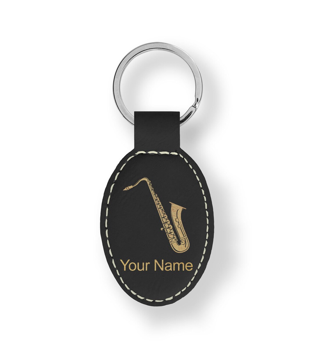Faux Leather Oval Keychain, saxophone, Personalized Engraving Included ...