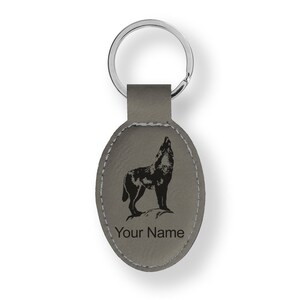 Faux Leather Oval Keychain, howling Wolf, Personalized Engraving ...