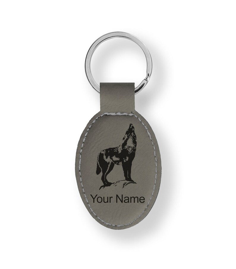 Faux Leather Oval Keychain, howling Wolf, Personalized Engraving ...