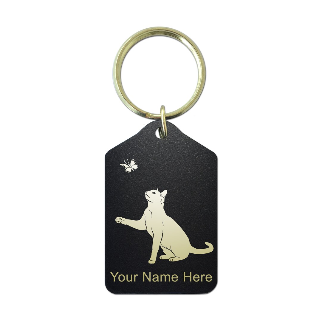 Black Metal Keychain, cat With Butterfly, Personalized Engraving ...