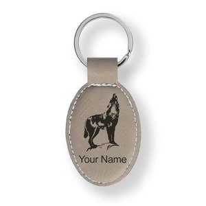 Faux Leather Oval Keychain, howling Wolf, Personalized Engraving ...
