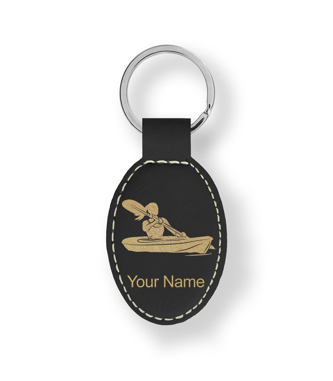 Faux Leather Oval Keychain, kayak Woman, Personalized Engraving ...