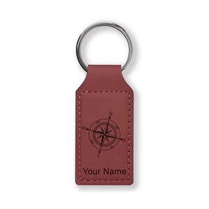 Faux Leather Rectangle Keychain, Compass Rose, Personalized Engraving ...