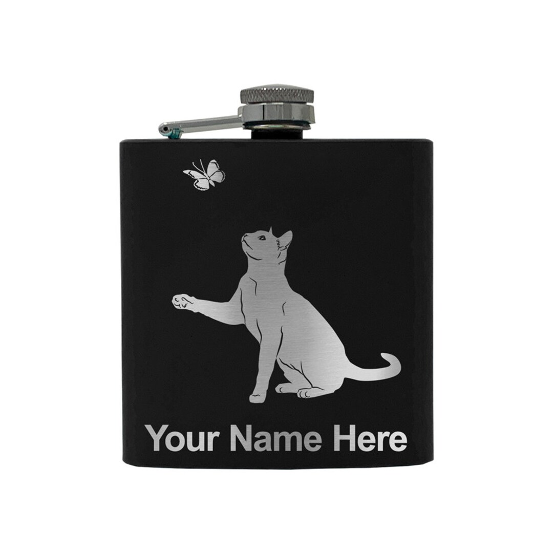 6oz Stainless Steel Flask, Cat With Butterfly, Personalized Engraving ...