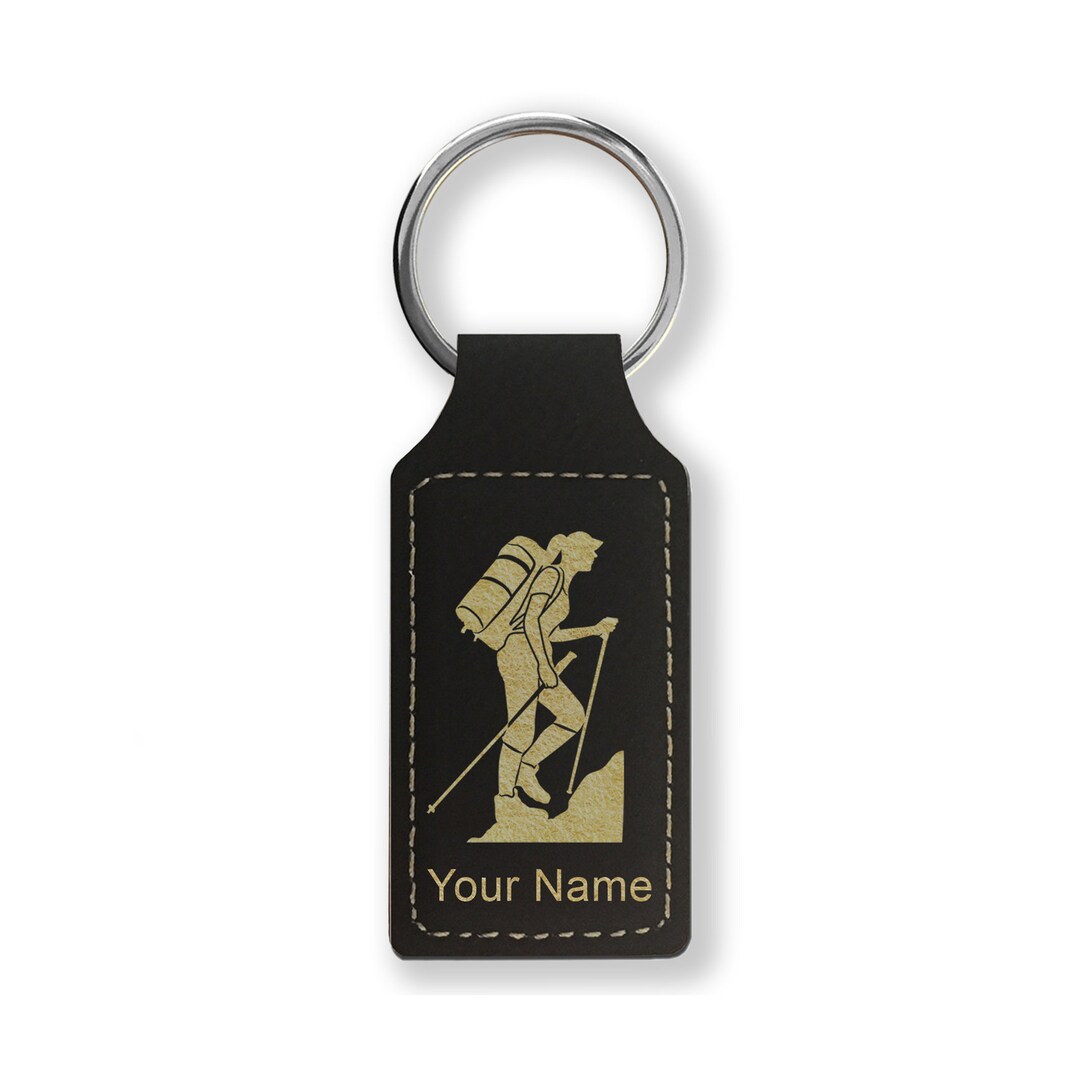 Faux Leather Rectangle Keychain, Hiker Woman, Personalized Engraving ...