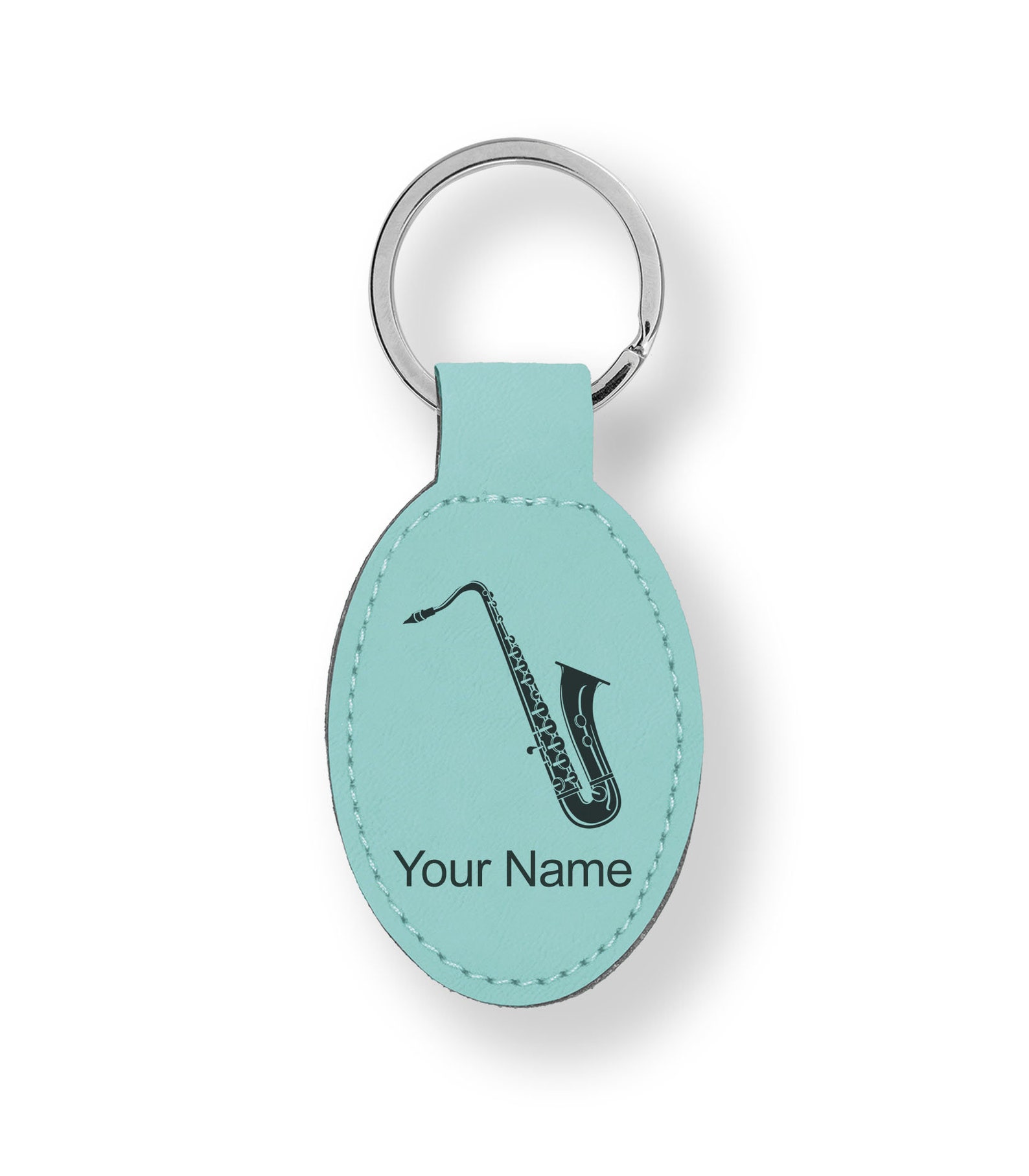 Faux Leather Oval Keychain, saxophone, Personalized Engraving Included ...