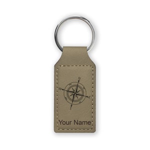 Faux Leather Rectangle Keychain, Compass Rose, Personalized Engraving ...
