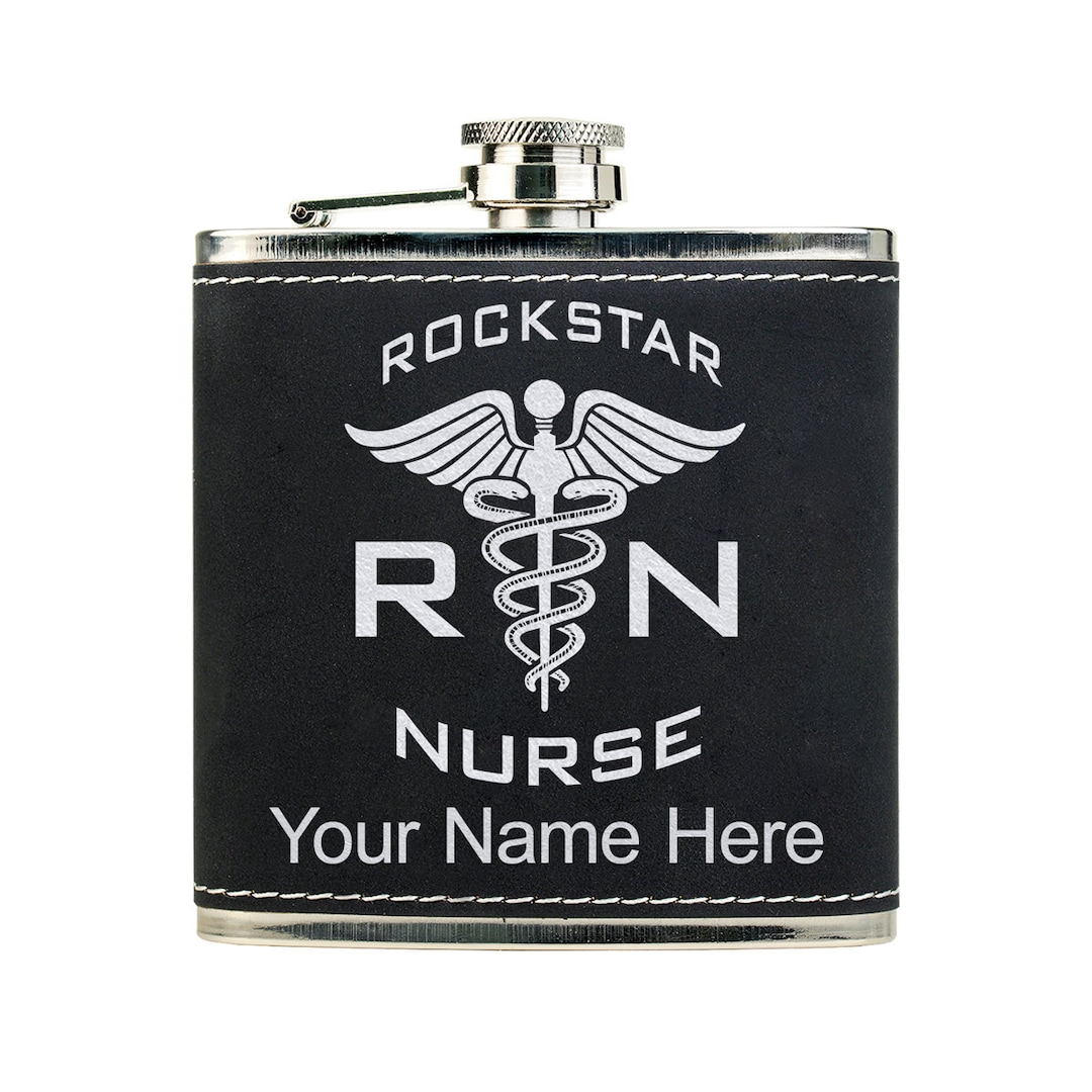 Faux Leather Flask, RN Rockstar Nurse, Personalized Engraving Included ...