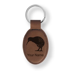 Faux Leather Oval Keychain, kiwi Bird, Personalized Engraving Included ...